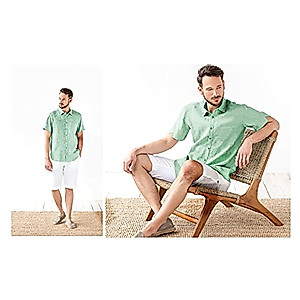 JEKAOYI Button Down Short Sleeve Linen Shirts for Men Summer Casual Cotton Spread Collar Beach Shirts (Green, XX-Large)