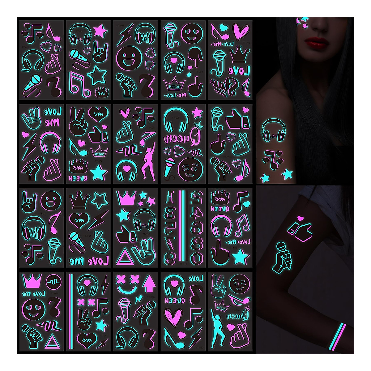 20-Sheet Glow in the Dark temporary tattoos 160+ Styles Adult Fluorescent UV Neon body glitter & Face Waterproof fake tattoo Stickers for Men & Women - Ideal for Rave, Festival Party Supplies