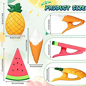 16 Pcs Beach Towel Clips Portable Chair Holders Bright Color Towel Clips Plastic Cute Clothes Pins Parrot Watermelon Flamingo Ice Cream Pineapple Cactus Coconut Trees for Holiday Pool Patio, 8 Styles