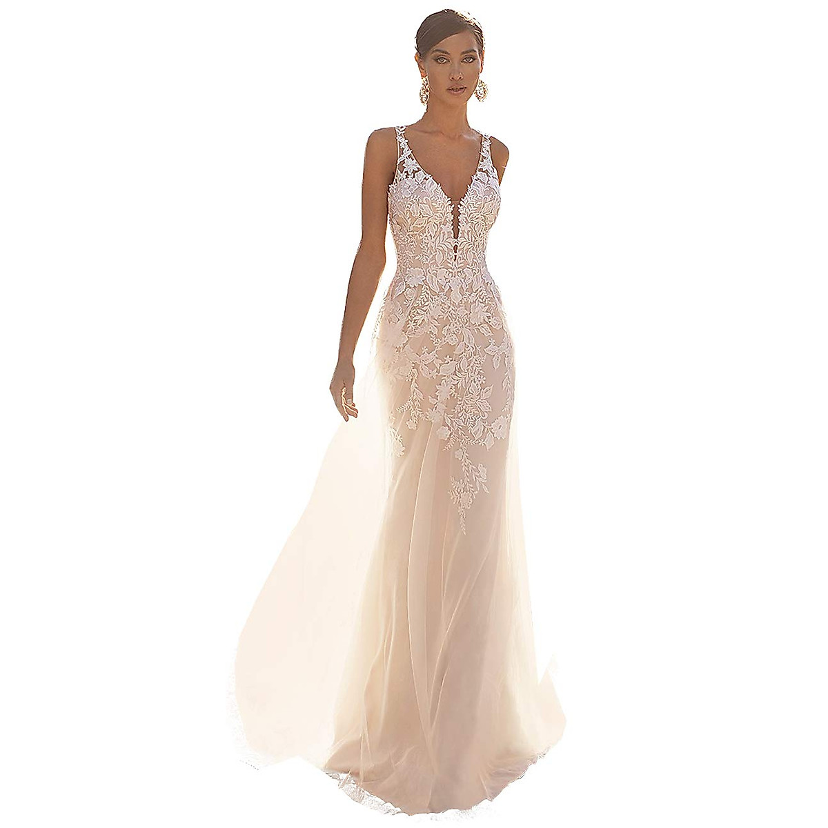 Noras dress Women's Lace Sheer Neck Wedding Dresses for Bride Flowy Tulle Wedding Bridal Gowns White 2