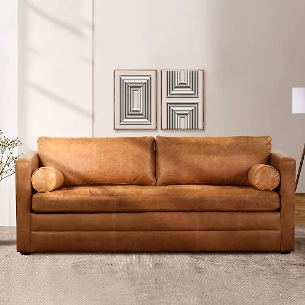 POLY & BARK Napa 82" Pull-Out Convertible Sleeper Sofa in Full-Grain Pure-Aniline Italian Leather, Cognac Tan