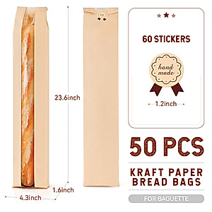 50 Pack Baguette Bags for Homemade Bread with Stickers, Large Sourdough Paper Bread Bags with Clear Window, Bread Storage for Homemade Bread Sourdough Bread Baking Supplies (Brown, 23.5*4.3*1.6 Inch)