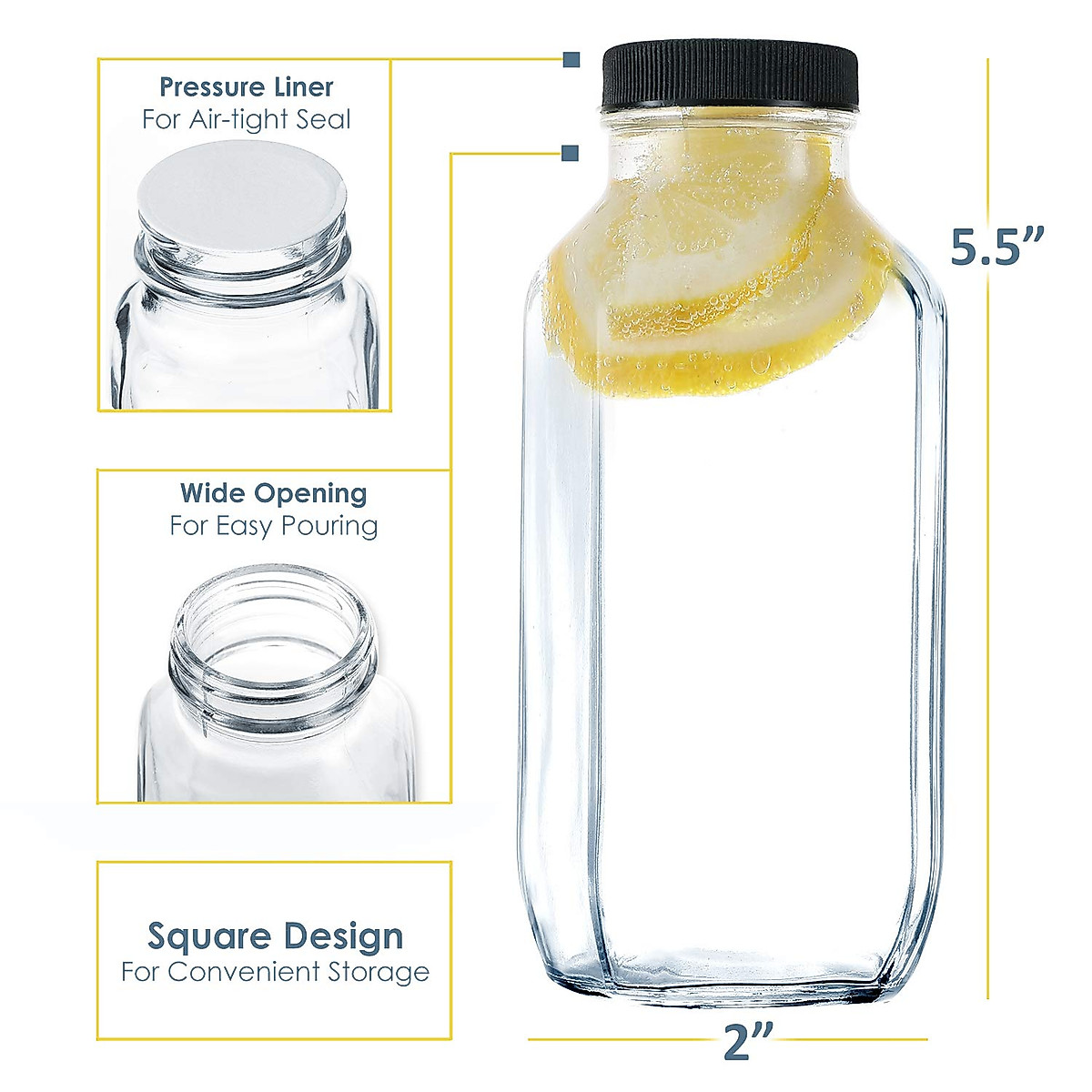 DilaBee Glass Juice Bottles with Lids - 12 Pack - Reusable Glass Water Bottles with Caps for Juicing, Smoothie, Milk and Kombucha - Homemade Drinking Bottles - 8 Oz