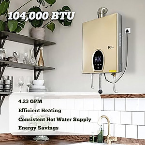 TCFUNDY 16L Tankless Water Heater Natural Gas, 4.23 GPM On-Demand Instant Hot Water Heater, 104000BTU Indoor Whole House Gas Water Heater, Digital Display & Touch Screen, Thermostatic & Energy Saving