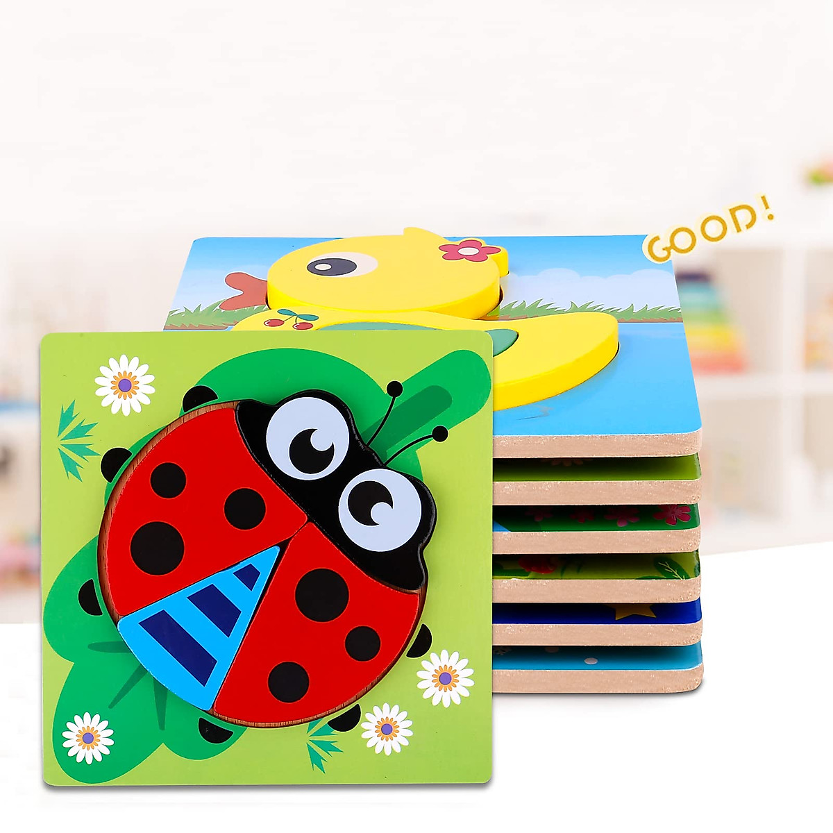 GINMIC Wooden Puzzles for Toddlers, Boys & Girls Educational Preschool Toys Gift with 6 Animals Patterns, Puzzles for 3 Year olds.