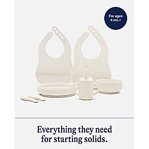 Lalo First Bites Silicone Baby Feeding Set - Baby Led Weaning Supplies - Non-Toxic Silicone - Includes 2 Bibs, 2 Spoons, Training Cup, Suction Plate and Bowl - 6 Pieces - Oatmeal