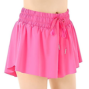 Girls Flowy Shorts Butterfly Shorts with Pocket 2-in-1 Athletic Shorts Running Shorts for Girls Kids Active Workout Sports (Hot Pink,Medium)