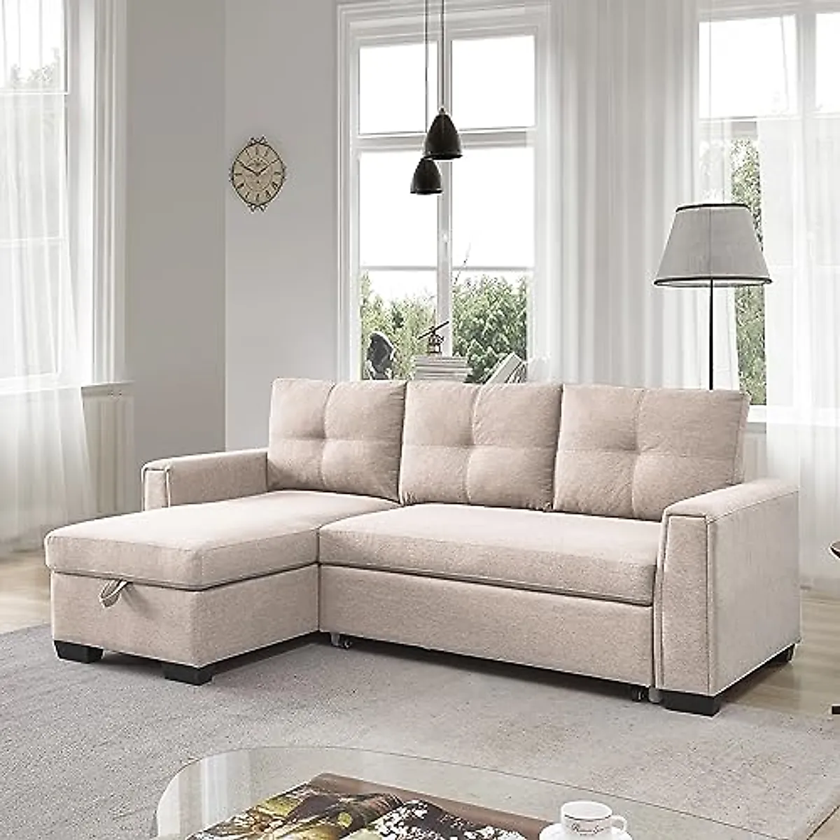 American Furniture Classics Beige Tufted Sectional Chaise Sofa Sleeper with Storage, 92" x 59" x 36"