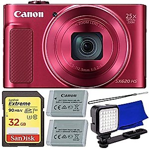 Canon PowerShot SX620 HS Digital Camera (Red) + SanDisk Extreme 32GB Memory Card, Extended Life Replacement Battery (1600mAh), Ultra Bright LED Light with Bracket & More (9pc Bundle)