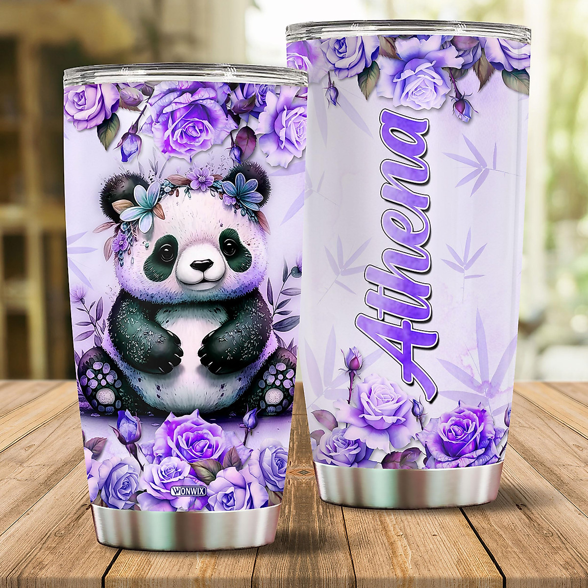 WONWIX Personalized Panda Tumbler Gifts For Women, Girls, Daughter, Cute Coffee Mug Drinking Cup Water Bottle Birthday Christmas Valentine Mothers Day 20oz Stainless Steel Tumblers With Lids