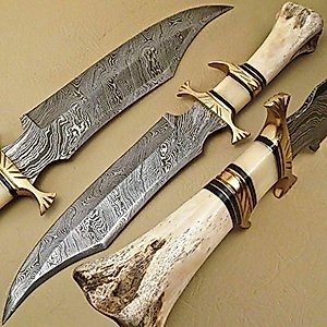 Custom Hand Made Forged Damascus Steel Hunting Bowie Knife Fixed Blade Leather Handle Camel Bone With Leather Sheath Full Tang 967