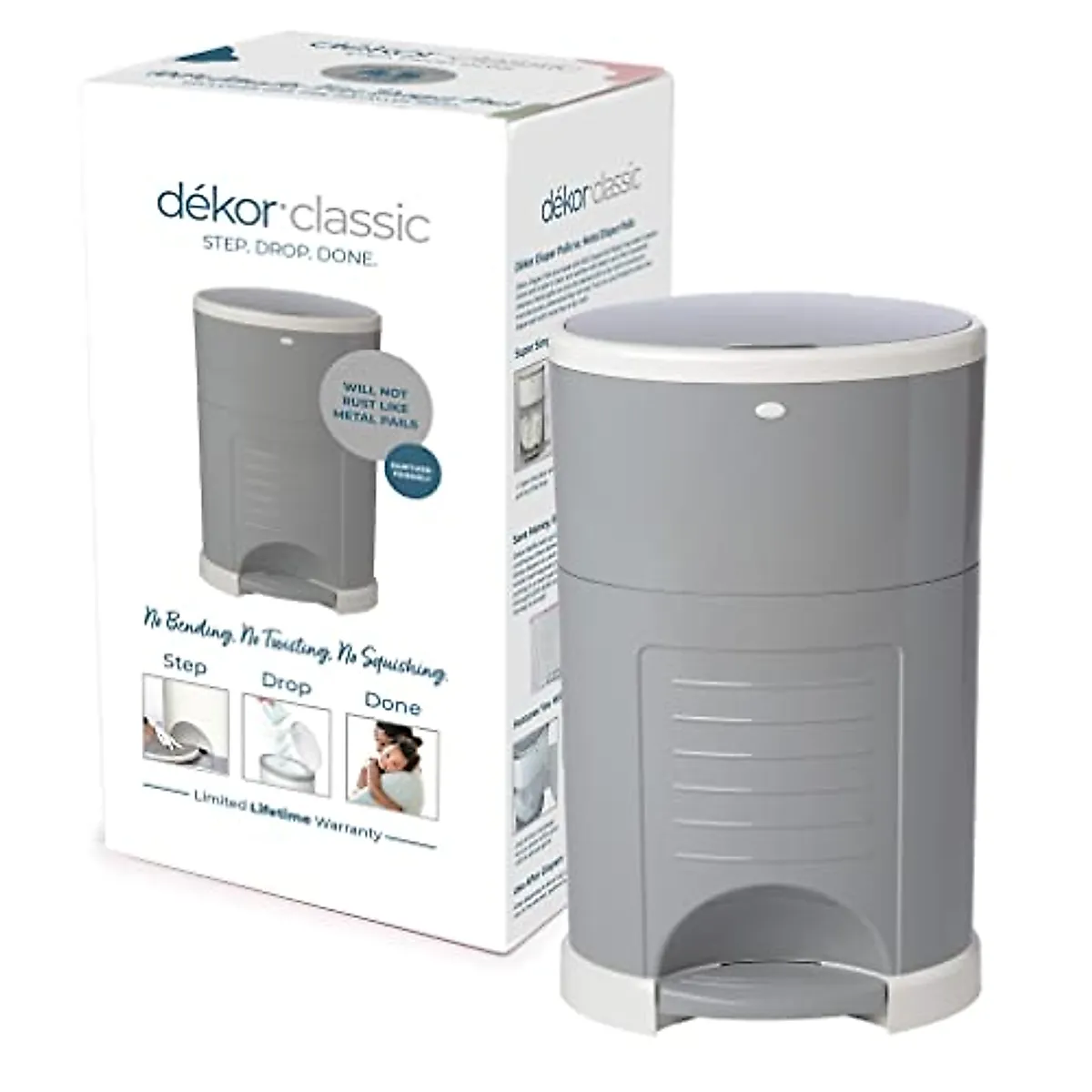 Dekor Classic Hands-Free Diaper Pail | Gray | Easiest to Use | Just Step – Drop – Done | Doesn’t Absorb Odors | 20 Second Bag Change | Most Economical Refill System