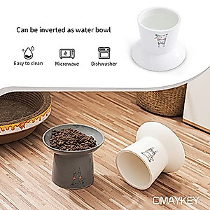 6.5 Inch Extra Wide Ceramic Raised Cat Bowls, Upgraded Elevated Porcelain Cat Food Water Bowl Dish, Stress Free Pet Feeder Bowls Dishes for Elder Big Cats & Small Dogs, White & Grey