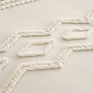 KAKIJUMN White Tufted Comforter Set King Size 7 Piece Bed in a Bag, Shabby Chic Boho Comforter and Sheet Set, Pom Pom Textured Bed Set, All Season Soft Microfiber Complete Bedding Set(White,King)