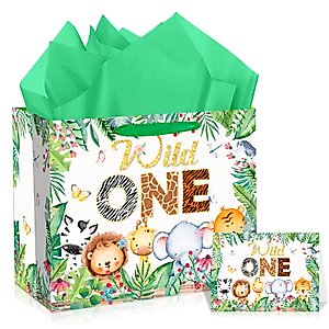 Yoirrat Wild One Birthday Decorations Large Wild One Gift Bags with Greeting Card for Boys 1st Birthday Wrapping Paper Bag Woodland Animal Print Gift Bag Baby Shower Christmas Birthday Party Supplies