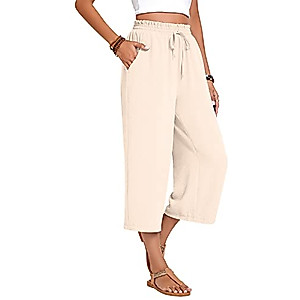 Anyhold Womens Capri Pants Loose High Waisted Wide Leg Lounge Pants Drawstring Casual Palazzo Trousers with Pockets X-Large, Beige