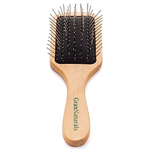 GranNaturals Metal Pin Bristle Hair Brush - Detangling, Anti-Static Paddle Grooming Tool - Rounded Steel Bristles, Ergonomic Wooden Handle - Scalp Massaging Comb - For Normal, Curly, Thick Hair, Wigs
