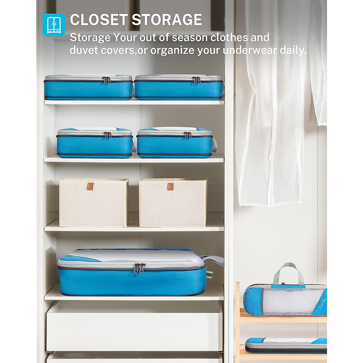 Gonex Compression Packing Cubes Mesh Organizers L+M+S+XS+Slim+Laundry Bag Blue