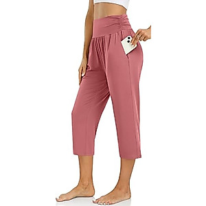UEU Women's Elastic High Waist Capri Plus Casual Summer Loose Fit Wide Leg Yoga Pants Maternity Lounge Capris Sweatpants Pockets(DustyRose,2XL)