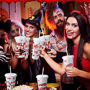 Dandat 24 Pcs Halloween Plastic Cups 24Oz Halloween Bloody Handprint Cups Halloween Reusable Cups with Lids and Straws Halloween Party Favors Supplies Halloween Cups for Adults Party Decoration