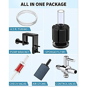 Pawfly Mini Aquarium Air Pump 15 GPH Quiet Oxygen Aerator Pump with Bracket Airline Tubing Bio Sponge Filter Air Stone Control Valve and Check Valve for 3-20 Gallon Nano Fish Tanks and Buckets