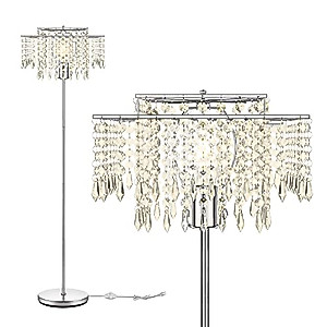 Mlambert Double-Layer Modern Lampshade Crystal Floor Lamp for Bedroom for Livingroom,Elegant Standing Lamp,61.57" Tall Pole Lamp,Suitable for Bedroom,Livingroom,6W LED Bulb Included,Silver