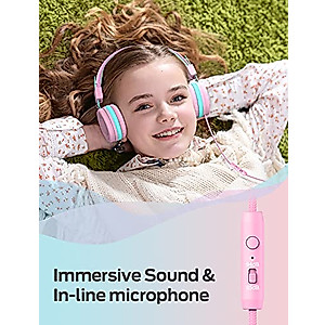 iClever [2 Pack Kids Headphones with Microphone, Safe Volume Limited 85dB/94dB - Wired Headphones for Kids Boys Girls, Foldable Headphones for Online School/Travel/iPad, Black&Pink