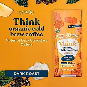 FOUR SIGMATIC Organic Cold Brew Coffee Grounds | Dark Roast, Fair Trade Coarse Grounds with Lion's Mane and Chaga | Cold Brew Mushroom Coffee for Crash-Free Focus | 12 oz Bag