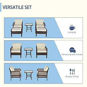 Outsunny 5-Piece PE Wicker Patio Furniture Set, Conversation Set with Outdoor Ottomans, Table & Chairs, Small Balcony Furniture for Apartments, Steel, Cream White
