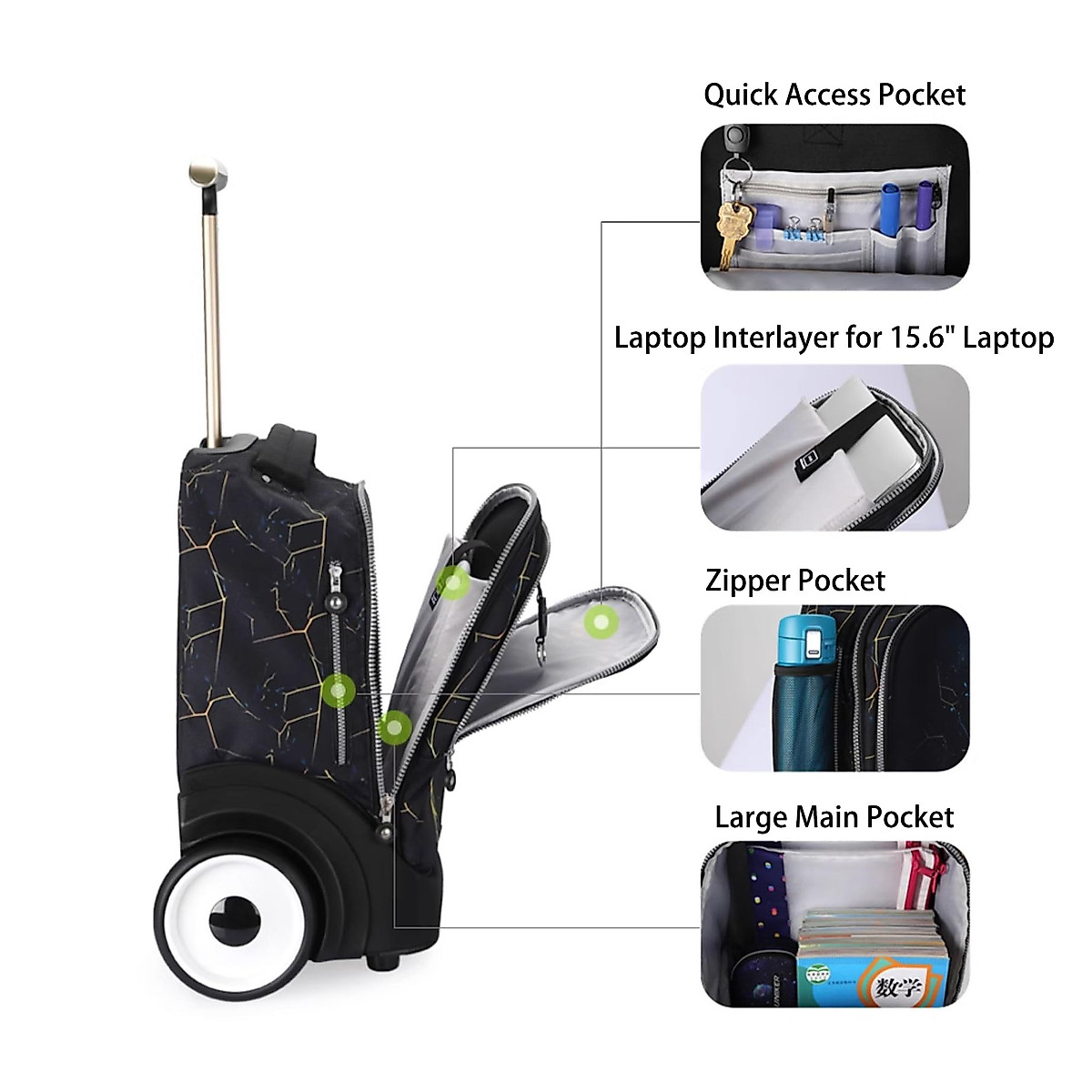UNIKER Rolling Laptop Bag for 14 Inch Laptop,19 Inch Roller Bookbag for Teens,Roller Travel Bag,Suitcase on Wheels,Wheeled Bookbag,Trolley School Bag,Schoolbag with Wheels Black Cat Butterfly…