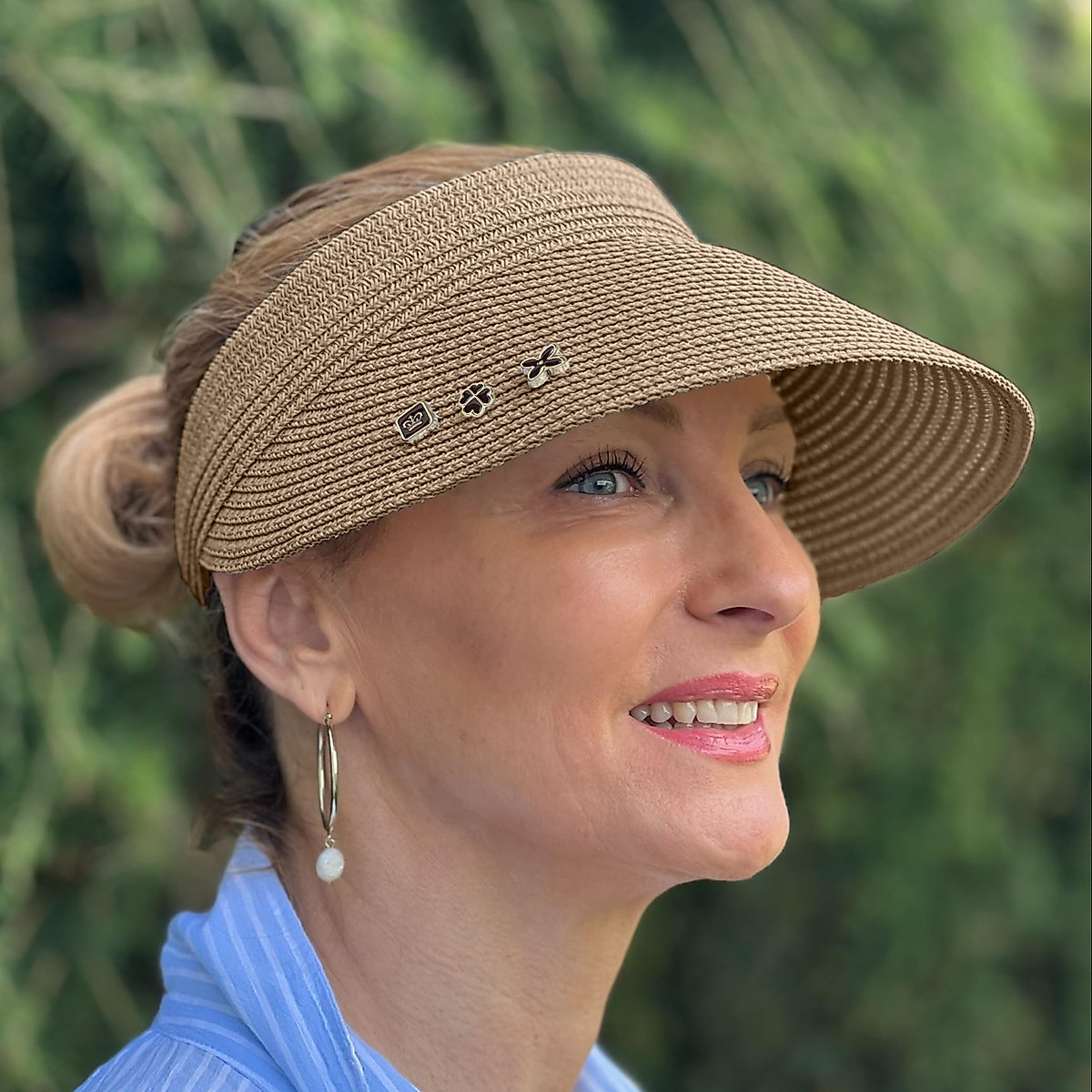 Straw Visor Hats for Women Foldable Womens Beach Sun Hat Wide Brim Roll Up Visors Summer Ponytail Packable Travel Sunhat (Straw, Khaki)