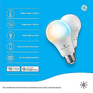 GE Lighting CYNC Smart Tunable White A19 LED Light Bulb, 60W Replacement, Bluetooth/Wi-Fi Enabled, Alexa + Google Home Compatible Without Hub, 2-Pack (Packaging May Vary)