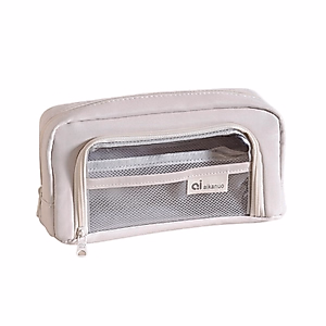 JHTPSLR Preppy Pencil Pouch Clear Canvas Pencil Pouch Big Capacity Pencil Case Double Compartments Zipper Pen Bag Stationery Bag Storage Organizer (Beige)