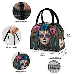 ZzWwR Trendy Girl with Sugar Skull Makeup Lunch Tote Bag with Front Pocket Reusable Insulated Thermal Zipper Closure Cooler Container Bag for School Work Picnic Travel Fishing Beach