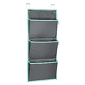 mDesign Soft Fabric Wall Mount/Over Door Hanging Storage Organizer - 3 Large Pockets - Holds Office Supplies, Planners, File Folders, Notebooks - Gray/Teal Blue