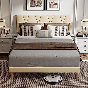 Gizoon Queen Bed Frame with Adjustable Velvet Headboard, Upholstered Platform Bed Frame with Sturdy Metal Frame, Wooden Slats, Noise-Free, No Box Spring Needed (Beige, Queen)