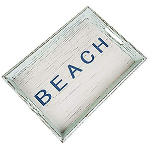 MyGift 16-inch Beach Theme Wooden Large Serving Tray with Handles, Decorative Whitewashed Blue Ottoman Tray for Living Room