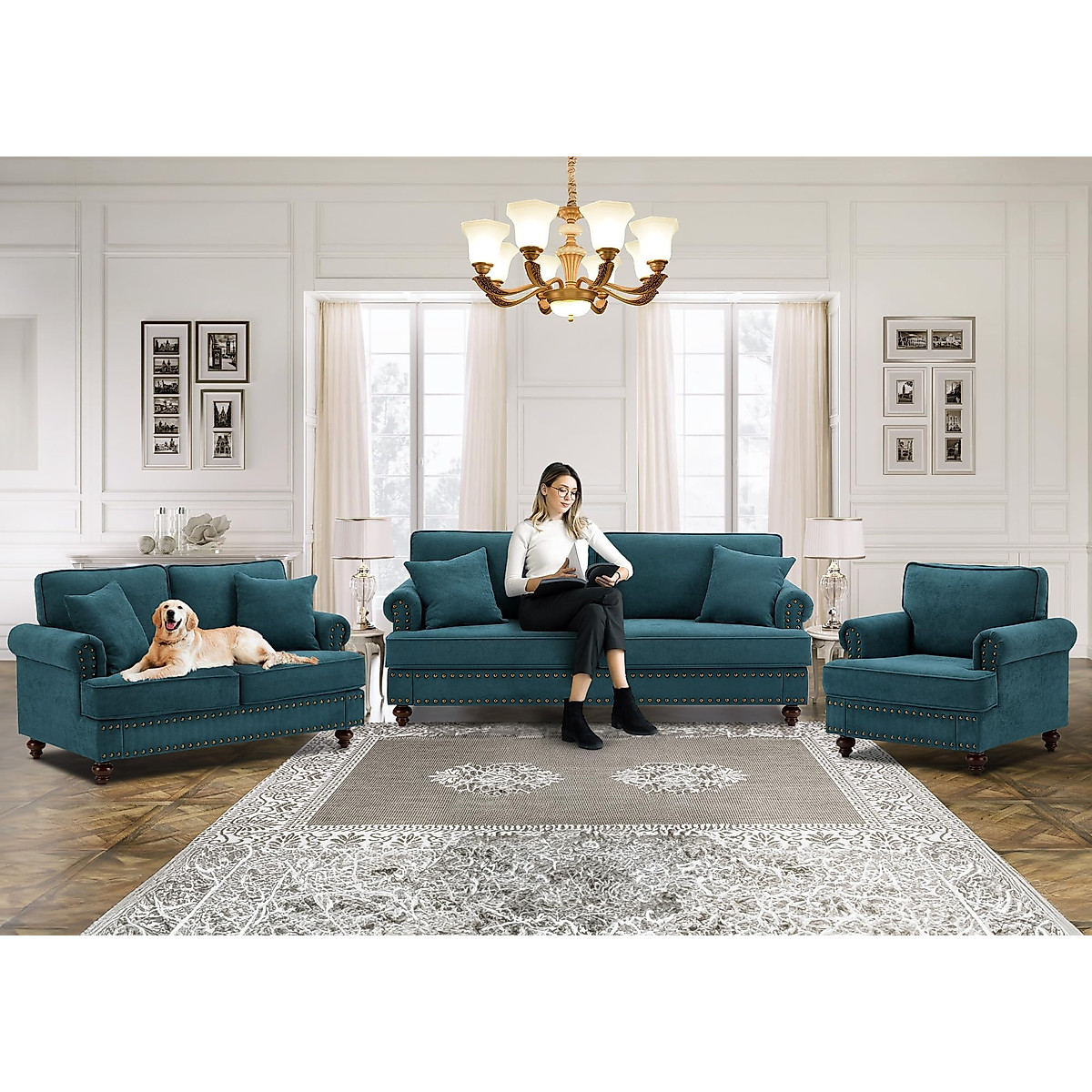 JEEOHEY 3 Piece Living Room Furniture Sets,Comfy Upholstered Sofa Couch Set,Including Armchair&Loveseat&3 Seater Sofa,Modern Deep Seat juegos de muebles de sala with Rolled Arms & Nailhead Trim(Green)