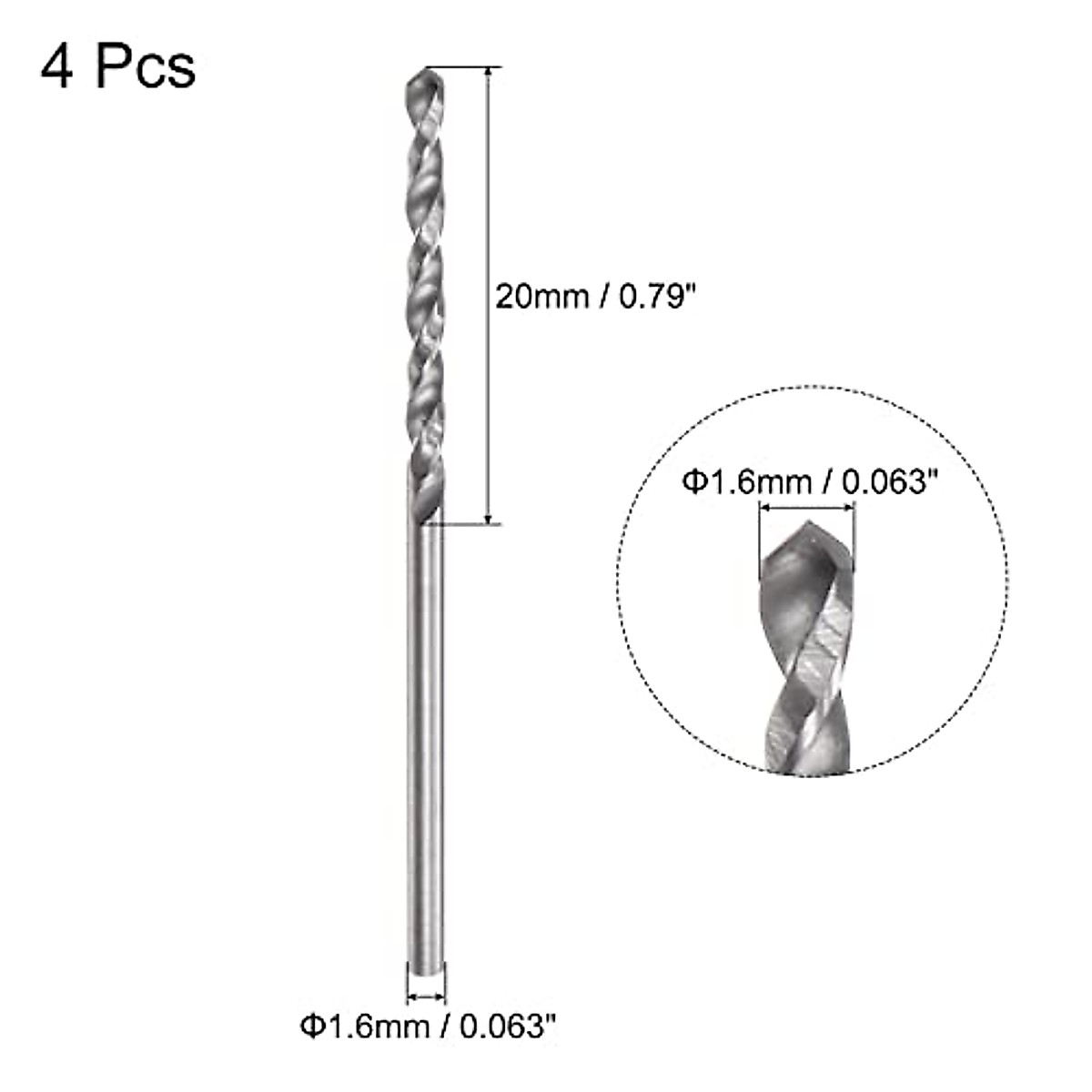 uxcell Solid Carbide Drill Bits, 1.6mm C2/K20 Tungsten Carbide Jobber Drill Bits Straight Shank Drilling Tool for Stainless Steel Aluminum Iron Metal Plastic 4pcs