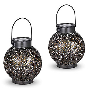 Solar Lanterns Outdoor, Shineslay Solar Lanterns Outdoor IP44 Waterproof, 2 Pack Hollowed-Out Metal Retro Hanging LED Lights, Sensitive Lighting Control Lamp for Patio Courtyard Balcony Garden