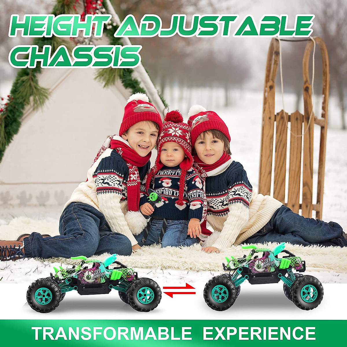Holyton Remote Control Cars, 1:12 Large Scale Dinosaur Monster RC Trucks, 4WD Liftable Chassis Off Road Rock Crawler for Kids, 2 Batteries for 60+ Minutes Play, RC Car Toys Gift for Boy & Girls