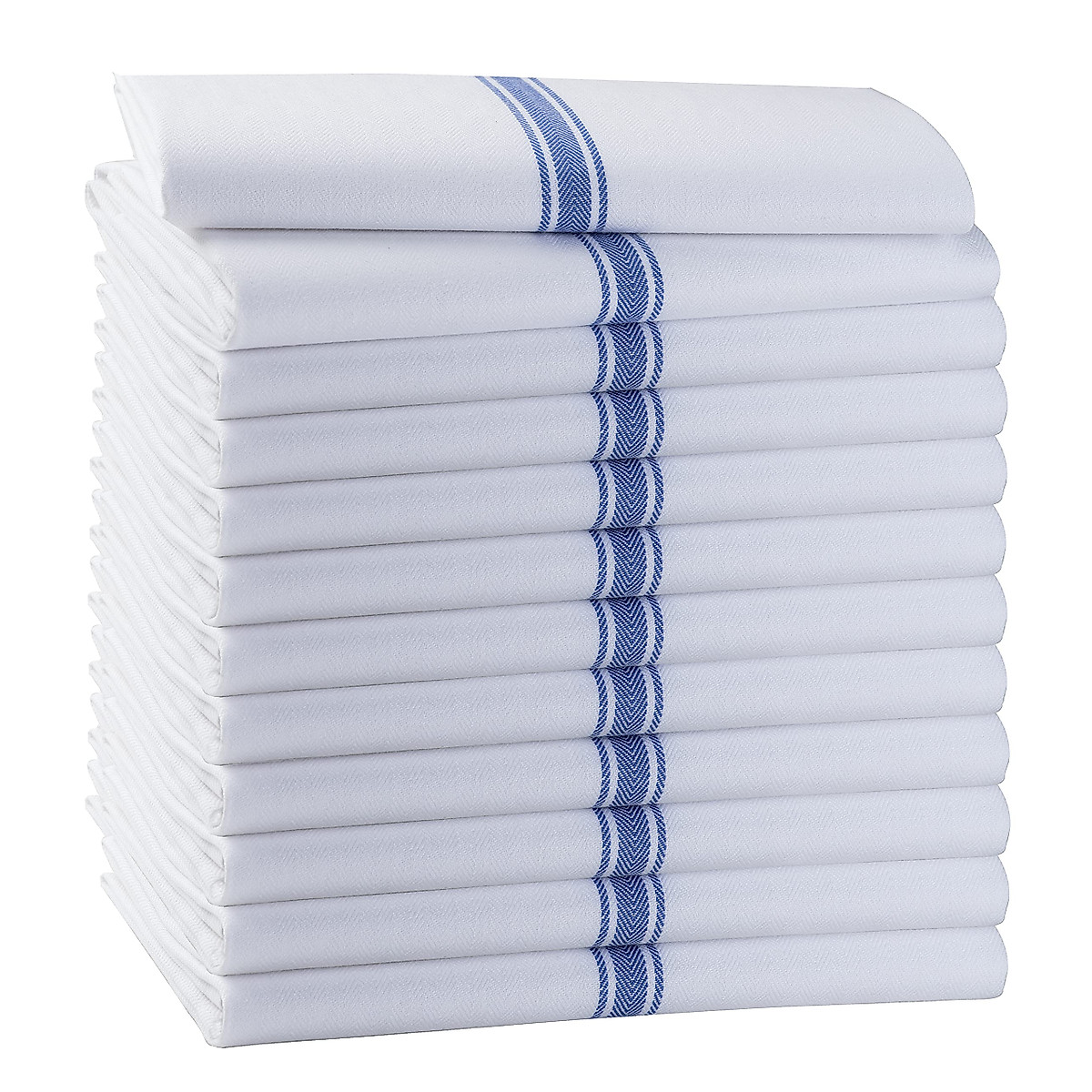 NITRAA Kitchen Towels with Herringbone Weave and Center Stripe - 100% Organic Ring Spun Cotton - Reusable Dish Towels - Highly Absorbent and Lint Free - OEKO-TEX Certified -15”x 26” - Set of 12 (Blue)