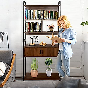 ECOMEX Bookshelf, Tall Bookcase Shelf Storage Organizer with Drawer, Free Standing Display Shelving Units with 5-Tier Shelves,Industrial Bookshelves for Home Bedroom, Kitchen-B