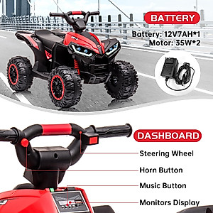 12V Kids Ride-On Electric ATV, 4-Wheeler Off-Road 4WD Car Toy w/2 Control Modes, Treaded Tires, LED Lights, Accelerator Handle,Foot Pedal,Spring Suspension,AUX Port red