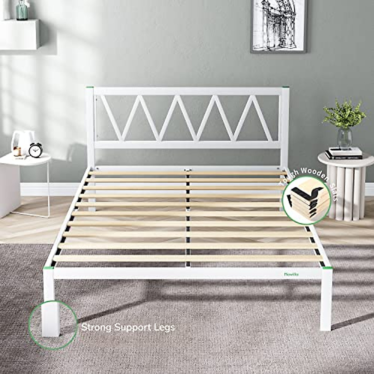 Novilla 14 Inch Queen Size Bed Frame with Headboard, Platform Bed Frame No Box Spring Needed, Metal Queen Bed Frame with Storage Space, Wooden Slats Support, Easy Assembly, White