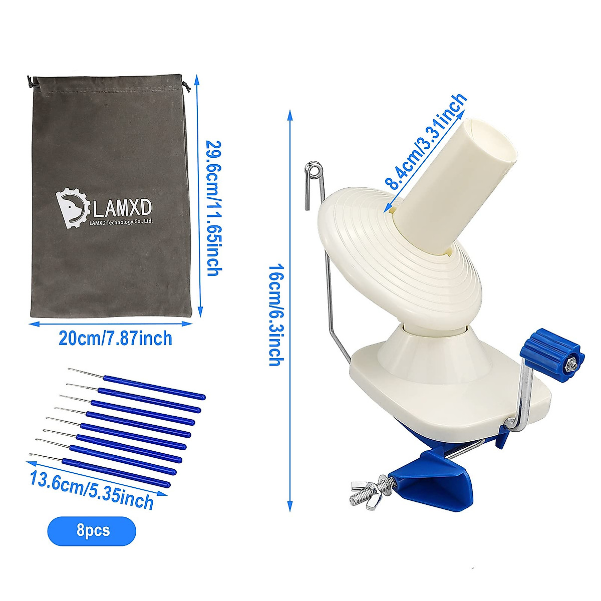 LAMXD Needlecraft Yarn Ball Winder Hand Operated,Capacity 4-Ounce,Blue,Portable Package,Easy to Set Up and Use,Sturdy with Metal Handle and Tabletop Clamp,Including 8 Sizes Crochet Hooks Set