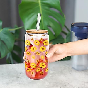 Sunflower Gifts for Women, Glass Cups with Lids and Straws, 18OZ Glass Cups, Drinking Glasses, Iced Coffee Glasses Cup, Smoothie Cups, Tumbler Glass, Reusable Cup Drinking Glasses -Set of 1