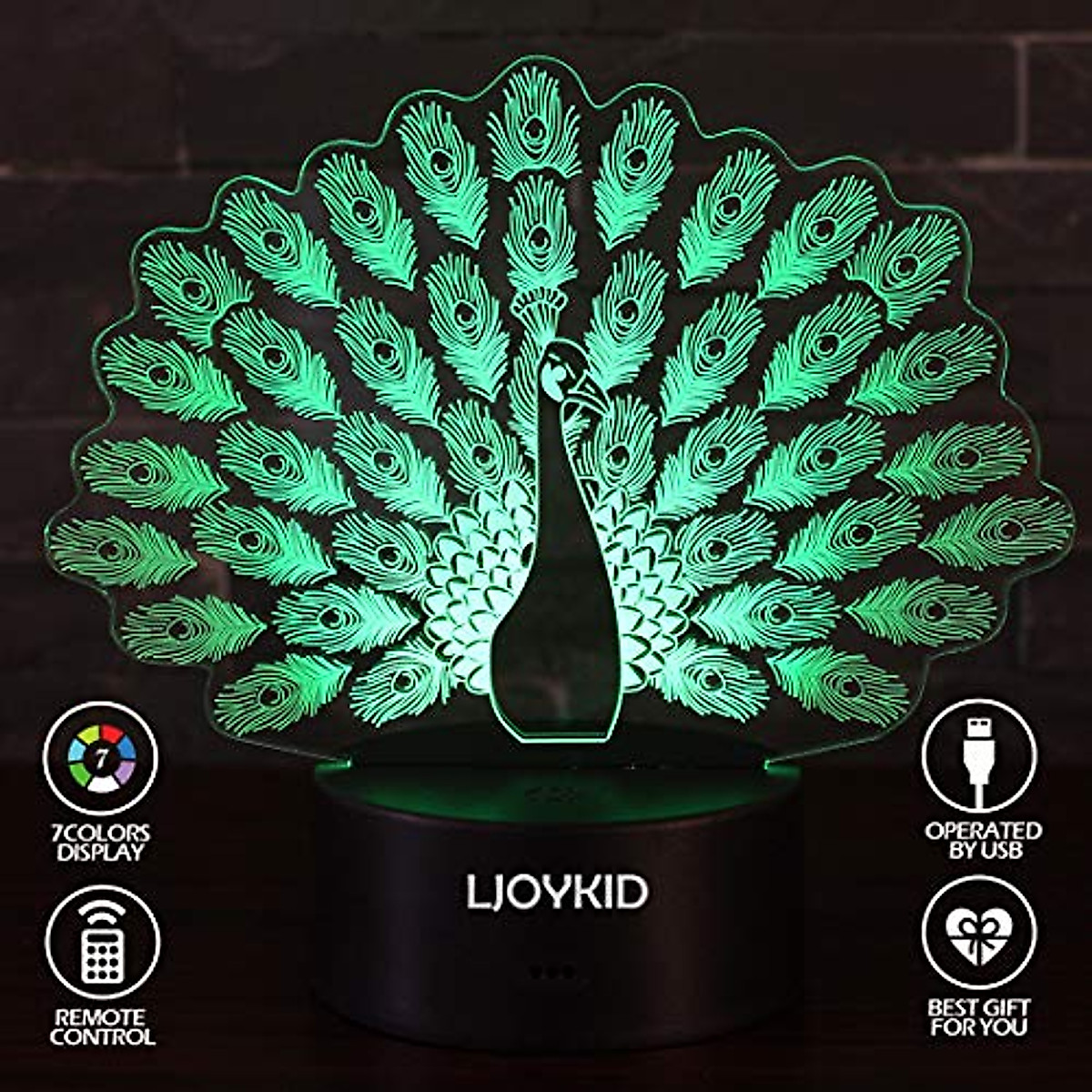 LJOYKID 3D Led Night Light Lamps - Optical Illusion 7 Colors Touch Table Desk Visual Lamp with Remote Control for Gifts for Children Kids (Peacock)