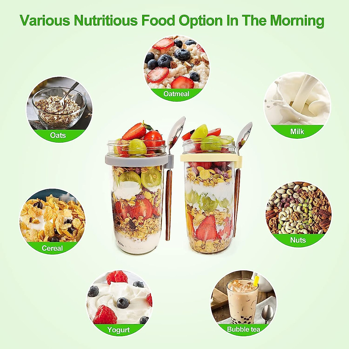 YehTrum Overnight Oats Containers with Lids and Spoon, 4 Packs 22 oz Glass Mason Jars for Overnight Oats, Large Capacity Oatmeal Container Mason Overnight Oats Jars for Milk, Cereal, Fruit