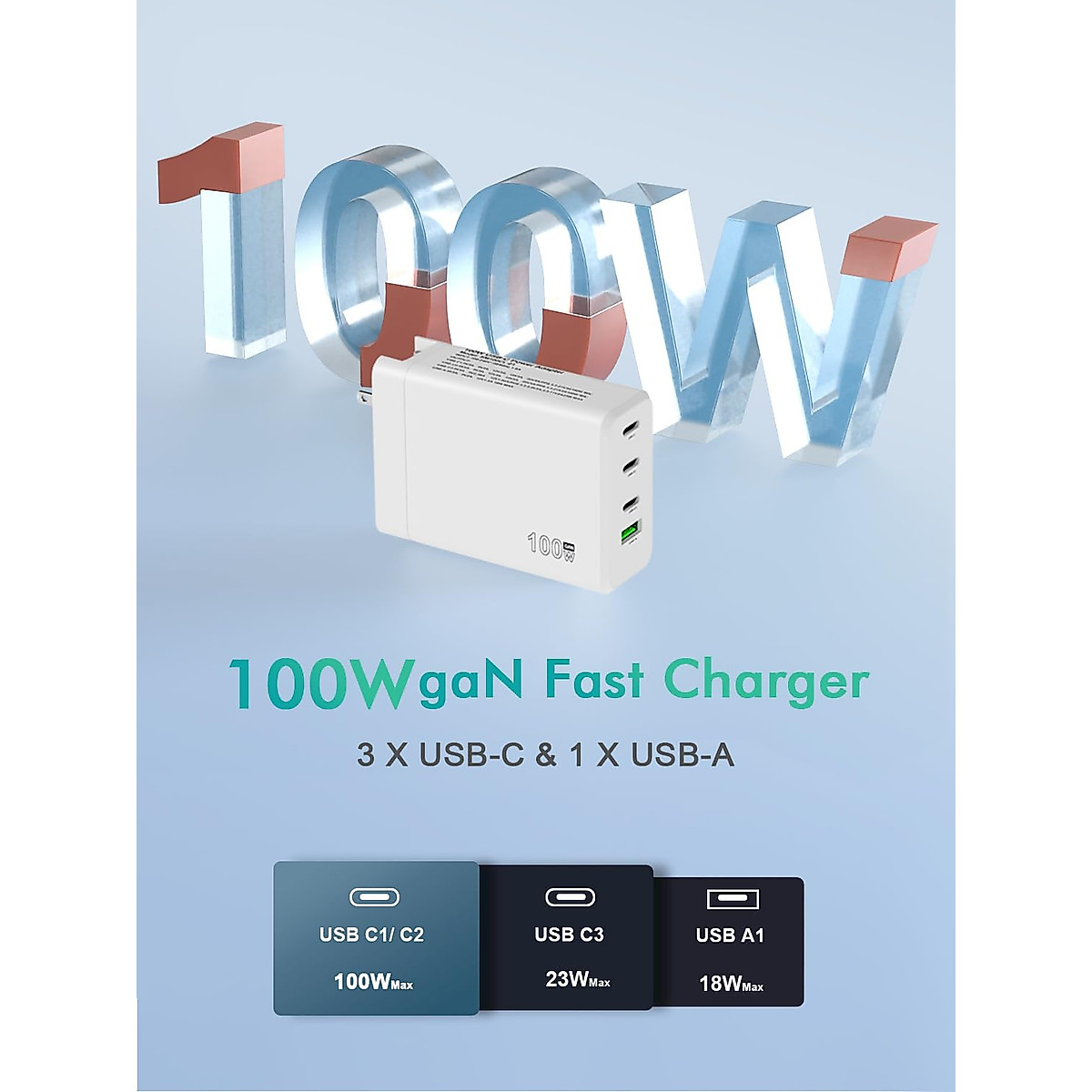 100W USB C Charger Block Mult Port, GaN Fast Charging Block for MacBook Pro/Air, Samsung Galaxy S23/S22,Note,Google Pixel,iPad,iPhone,Tablets,Laptop and More(Compact and Foldable Travel Wall Charger)